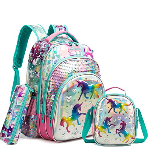 ZBAOGTW Unicorn School Backpacks for Girls with Lunch Box and Pencil Bag, Backpack for Teens Girls Lightweight for School, Travel