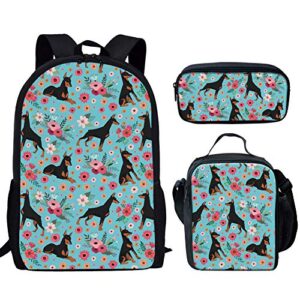 biyejit doberman flower children backpack for teen girls boys school bag shoulder bookbag/lunch box/pencil case 3 in 1