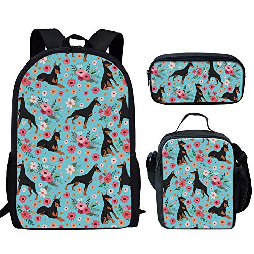 Biyejit Doberman Flower Children Backpack for Teen Girls Boys School Bag Shoulder Bookbag/Lunch Box/Pencil Case 3 in 1