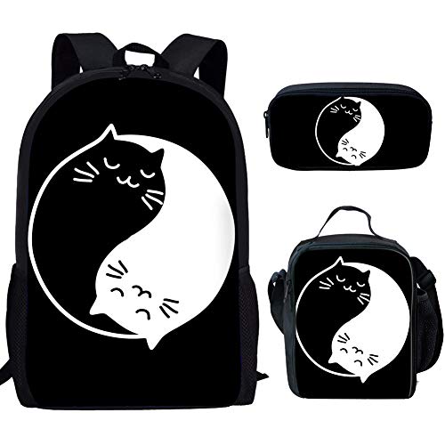 Biyejit Children Backpack Black YIN YANG Cats Kitten Print Kids School Bag Set with Lunch Container Box Pencil Case 3 Piece for Boys Girls