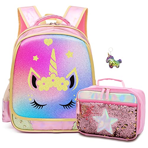 Moonmo Kids Backpack Girls School Backpack School Bag with Lunch Box Backpack for Girls for Elementary Preschool Bookbag (Pink unicorn set1)…