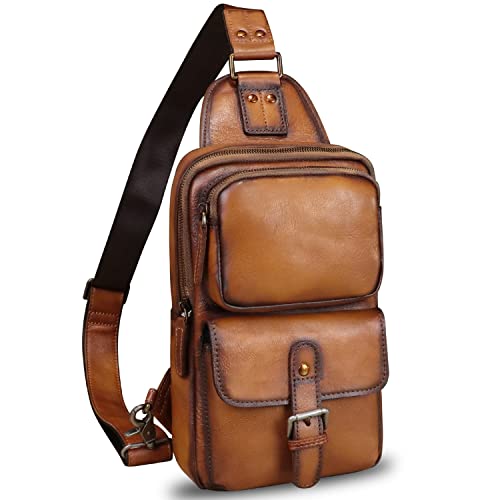 LRTO Genuine Leather Sling Bag Crossbody Motorcycle Bag Handmade Hiking Chest Daypack Retro Shoulder Backpack (Brown)