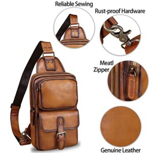 LRTO Genuine Leather Sling Bag Crossbody Motorcycle Bag Handmade Hiking Chest Daypack Retro Shoulder Backpack (Brown)