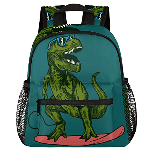 Skateboard Dinosaur Kid's Backpack Green Toddler Bag with Chest Clip Schoolbag for Girl Boy Preschool Kindergarten Student Bookbag Children Bag Travel Daypack