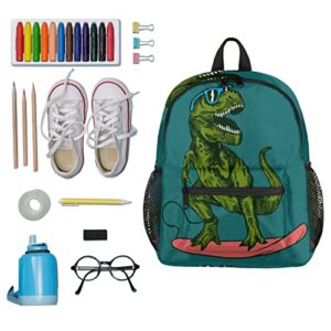 Skateboard Dinosaur Kid's Backpack Green Toddler Bag with Chest Clip Schoolbag for Girl Boy Preschool Kindergarten Student Bookbag Children Bag Travel Daypack