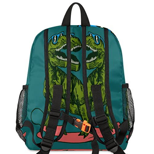 Skateboard Dinosaur Kid's Backpack Green Toddler Bag with Chest Clip Schoolbag for Girl Boy Preschool Kindergarten Student Bookbag Children Bag Travel Daypack