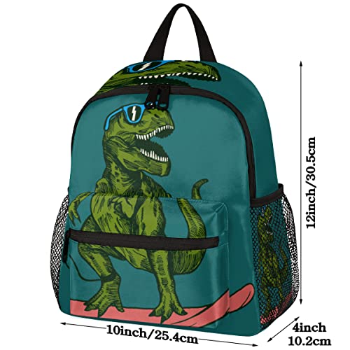 Skateboard Dinosaur Kid's Backpack Green Toddler Bag with Chest Clip Schoolbag for Girl Boy Preschool Kindergarten Student Bookbag Children Bag Travel Daypack