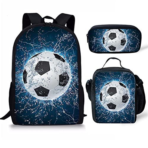 Wanyint Football Soccer Water and Lightning Print Backpack for Kids Elementary Bookbag with Lunch Box Pencil Case Navy Blue Lightweight School Daypack for Kids Boys Girls