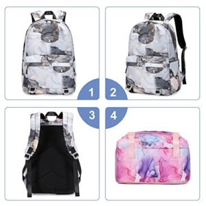 WUUDWALK Girls School Bag Kids' Backpacks Fashion Backpack Teens Bookbag Set,Tie Dye Printed Marble Pattern Backpack with Lunch Bag (Printed marbling of Black)