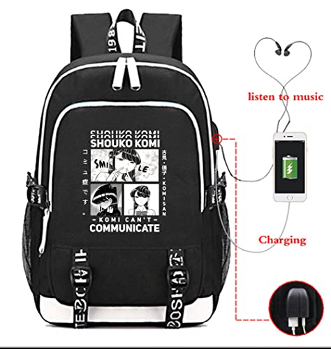 TIMMOR MAGIC Anime Komi Can't Communicate Backpack with USB Charging Port, Schoolbags Bookbags Over 8 Years Old.(Black2)