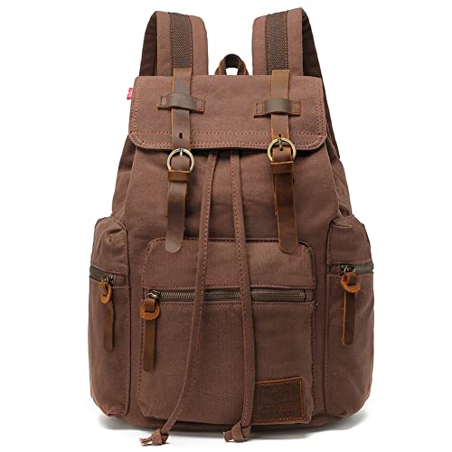 Canvas Backpack Unisex Vintage Casual Rucksack 17 inch Laptop Daypacks Schoolbag College Bookbag Hiking Camping Travel Bag Coffee