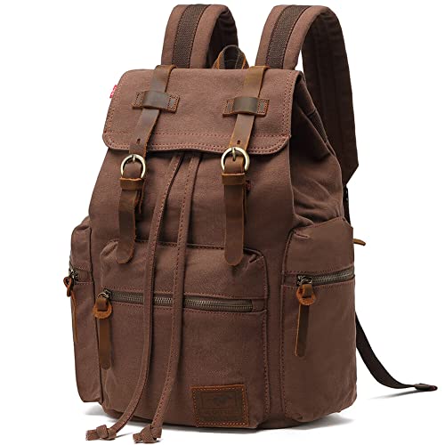 Canvas Backpack Unisex Vintage Casual Rucksack 17 inch Laptop Daypacks Schoolbag College Bookbag Hiking Camping Travel Bag Coffee