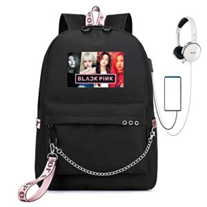 cusalboy kpop backpack lisa rose jisoo jennie color photo computer backpack fashiontravel business work backpack whit usb port (black)