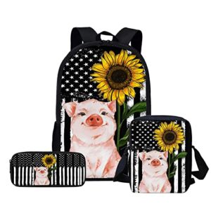 xpyiqun american flag 3 in 1 school backpack set for elementary school girls 5-8 9-12 kids school bag cute pig bookbag with crossbody purse pencil case middle high school bag pack rucksack