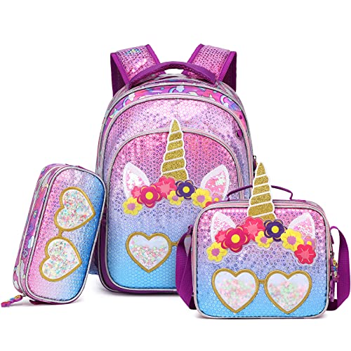 Robhomily Unicorn Sequins Girls Backpack with Lunch Box Set for Elementary School,17 inch Sparkly Bling School Backpack for Girls with Lunch Bags Set