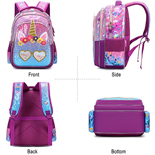 Robhomily Unicorn Sequins Girls Backpack with Lunch Box Set for Elementary School,17 inch Sparkly Bling School Backpack for Girls with Lunch Bags Set