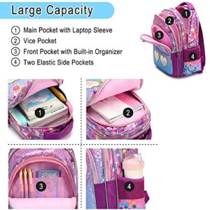 Robhomily Unicorn Sequins Girls Backpack with Lunch Box Set for Elementary School,17 inch Sparkly Bling School Backpack for Girls with Lunch Bags Set