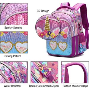 Robhomily Unicorn Sequins Girls Backpack with Lunch Box Set for Elementary School,17 inch Sparkly Bling School Backpack for Girls with Lunch Bags Set