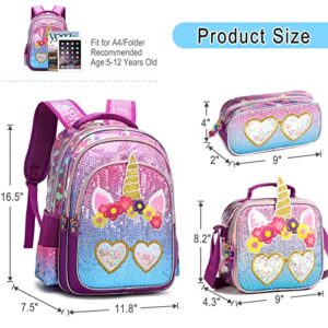 Robhomily Unicorn Sequins Girls Backpack with Lunch Box Set for Elementary School,17 inch Sparkly Bling School Backpack for Girls with Lunch Bags Set