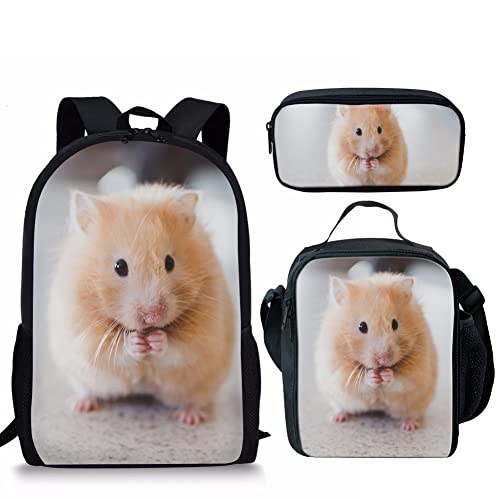 Beginterest 3 Pcs School Backpack Set Cute Hamster Print Backpack with Lunch Box Pencil Case