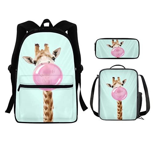 Pensura 3 Piece Cute Giraffe Print School Backpack for Kids Girls Laptop Backpack School Bag Casual Daypack Insulated Lunch Bag Tote Meal Pack Stationery Pencil Case School Supplies,Mint Green