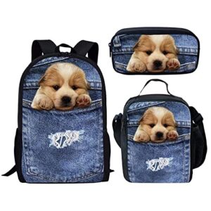 dolyues 3pcs set blue kids boys girls school bookbag for shopping, cute kawaii denim puppy print travel backpack daypack durable polyester lunchbox and pencil case lightweight rucksack