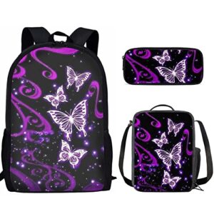 babrukda kids school bookbag set, boys girls butterfly purple pattern backpack travel casual rucksack with umbrella drinks side pocket, student book bag with lunch bag pencil case 3 pcs