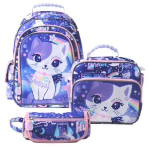 16 inch girls backpack with lunch box and pencil case 3 in 1 cute purple cat backpacks for girls kindergarten preschool elementary kawaii kids backpack with bento lunch bag