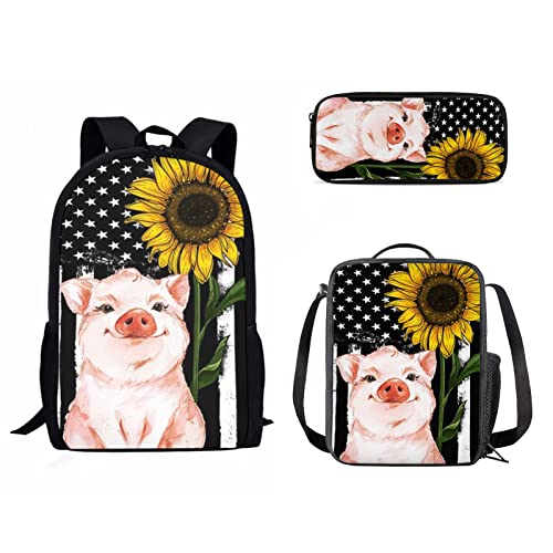 STUOARTE 3 Piece Pig Backpack Set American Flag Sunflowe Print Bookbag with Lunch Box Pencil Case, Fashion School Book Bag for Kids Teens Middle School Daypack