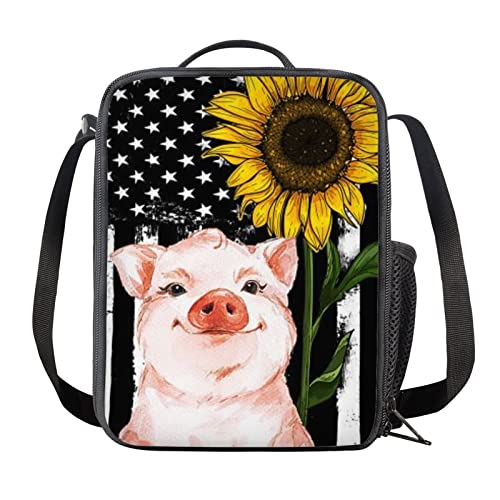 STUOARTE 3 Piece Pig Backpack Set American Flag Sunflowe Print Bookbag with Lunch Box Pencil Case, Fashion School Book Bag for Kids Teens Middle School Daypack