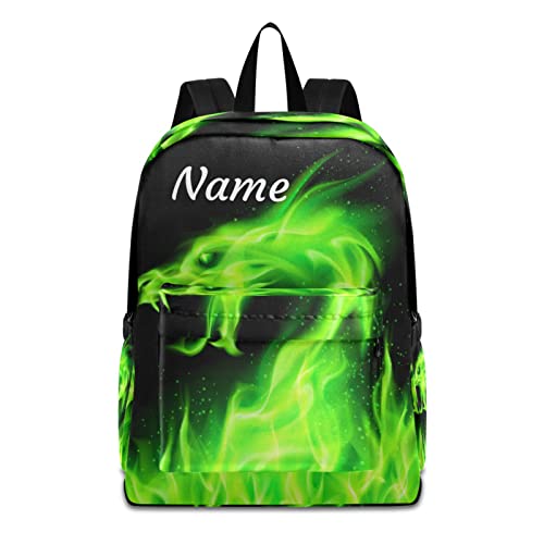 Custom Green Fire Dragon Backpack, Personalized Name Travel Rucksack Lightweight School Bookbag Daypack for Adults Teen Students Boys Girls