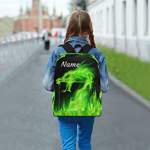 Custom Green Fire Dragon Backpack, Personalized Name Travel Rucksack Lightweight School Bookbag Daypack for Adults Teen Students Boys Girls