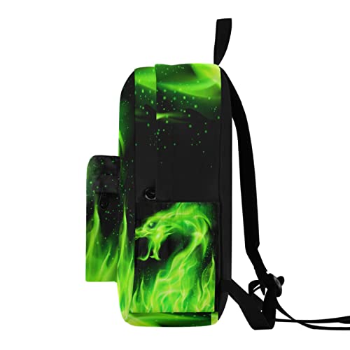 Custom Green Fire Dragon Backpack, Personalized Name Travel Rucksack Lightweight School Bookbag Daypack for Adults Teen Students Boys Girls