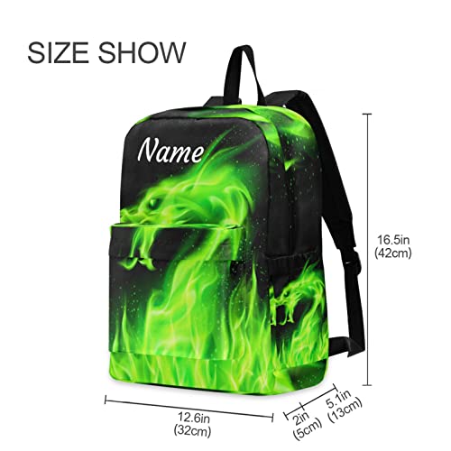 Custom Green Fire Dragon Backpack, Personalized Name Travel Rucksack Lightweight School Bookbag Daypack for Adults Teen Students Boys Girls