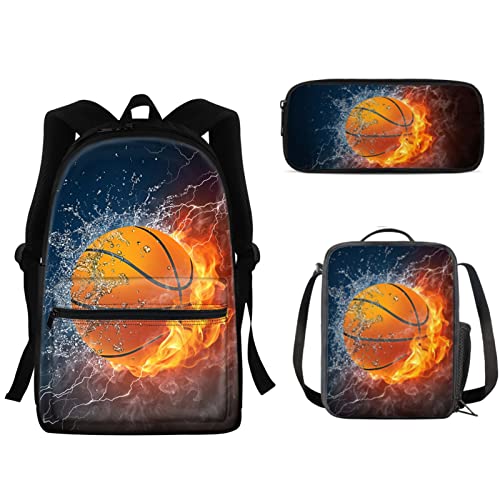 AFPANQZ Basketball with Fire Water Backpack Bookbags for Teen Kids Lightweight Lunch Bags Pencil Case Stationery Pouch 3 Pack School Supplies Mulit Pockets Daypack Large Capacity