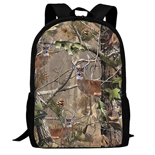 ALIFAFA Deer School Backpack Hunting Camo Deer Forest Tree Bookbag for Boys Girls Elementary Middle High College School Casual Travel Bag Computer Laptop Daypack Rucksack, 17 Inch