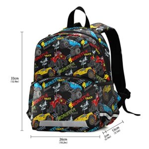 Fisyme Monster Truck Car Colorful Backpack Schoolbag Kids Daypack Toddler Travel School Bag Small Mini Backpacks for Kindergarten Preschool Nursery Children Boys Girls with Chest Strap