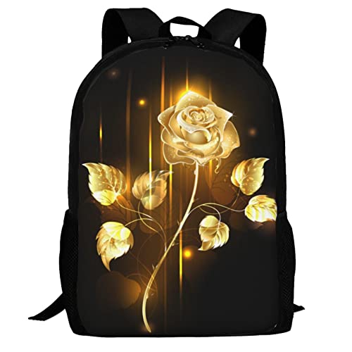 UIACOM Rose Backpacks Golden Sparkle Rose Floral Flower on Black School Bags Travel Backpacks Laptop School Bookbag Lightweight 17 inch Large Daypack Rucksack for Women Men Teens Kids