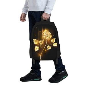 UIACOM Rose Backpacks Golden Sparkle Rose Floral Flower on Black School Bags Travel Backpacks Laptop School Bookbag Lightweight 17 inch Large Daypack Rucksack for Women Men Teens Kids