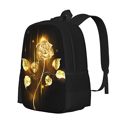 UIACOM Rose Backpacks Golden Sparkle Rose Floral Flower on Black School Bags Travel Backpacks Laptop School Bookbag Lightweight 17 inch Large Daypack Rucksack for Women Men Teens Kids