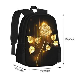 UIACOM Rose Backpacks Golden Sparkle Rose Floral Flower on Black School Bags Travel Backpacks Laptop School Bookbag Lightweight 17 inch Large Daypack Rucksack for Women Men Teens Kids