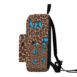 Blue Butterfly Leopard Cheetah Print Backpack, Travel Rucksack Lightweight School Bookbag Daypack for Adults Teen Students Boys Girls One Size