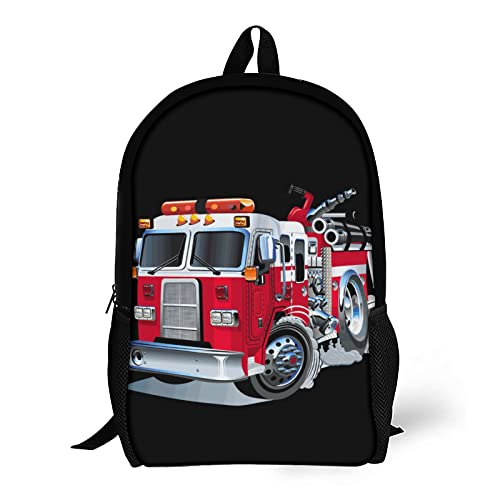 WZOMT Fire Truck Backpack for Teen Boys Kids, Cool Red Cartoon Firetruck Car on White Daypack Elementary Middle College School Bookbag Rucksack Funny Water Resistant Travel Bags Large 17"