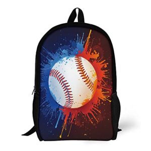 wzomt boys baseball school backpack water fire baseball blue red splash on black knapsack fashion laptop bags water resistant travel hiking daypack bookbag for kids girls 17" durable rucksack