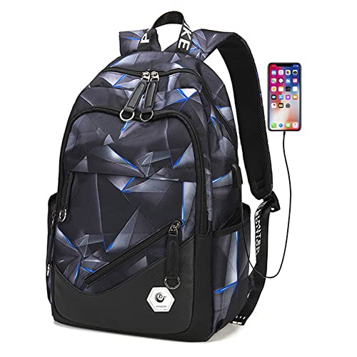 ETAISHOW Geometric-Print Boys Backpack for Elementary Middle School Kids Bookbag School Bag for Teens Black Blue