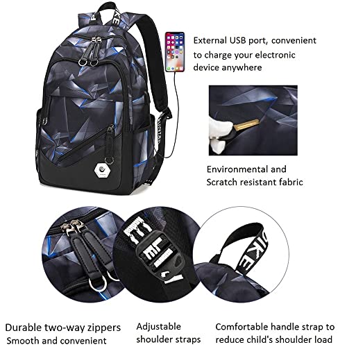 ETAISHOW Geometric-Print Boys Backpack for Elementary Middle School Kids Bookbag School Bag for Teens Black Blue