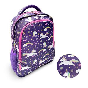 toddler backpack for girls, cute 13” daycare preschool kindergarten elementary school girl backpacks with water bottle pocket holder, insulated padded bags for toddlers kids travel bag, purple unicorn