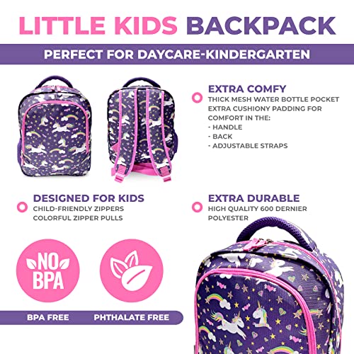 Toddler Backpack for Girls, Cute 13” Daycare PreSchool Kindergarten Elementary School Girl Backpacks with Water Bottle Pocket Holder, Insulated Padded Bags for Toddlers Kids Travel Bag, Purple Unicorn