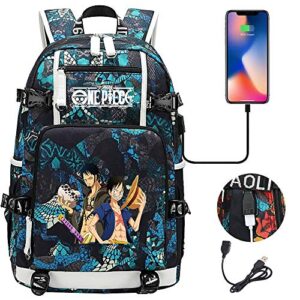 ZJYJING One Piece Anime Luffy Character Black And Yellow Casual Backpack With USB Interface Laptop Fashion Large Capacity Backpack (O2-1)