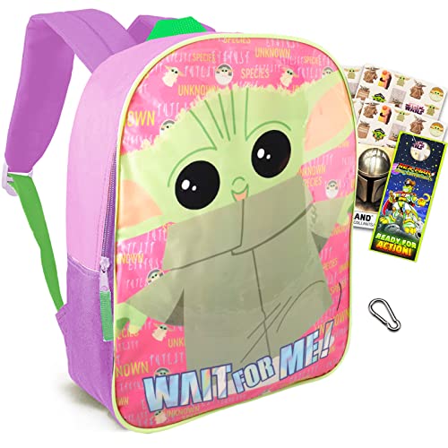 Baby Yoda Backpack for Girls, Kids - 4 Pc Bundle with 16" Pink Baby Yoda School Backpack, Mandalorian Stickers, Backpack Clip, and More (Star Wars School Supplies)